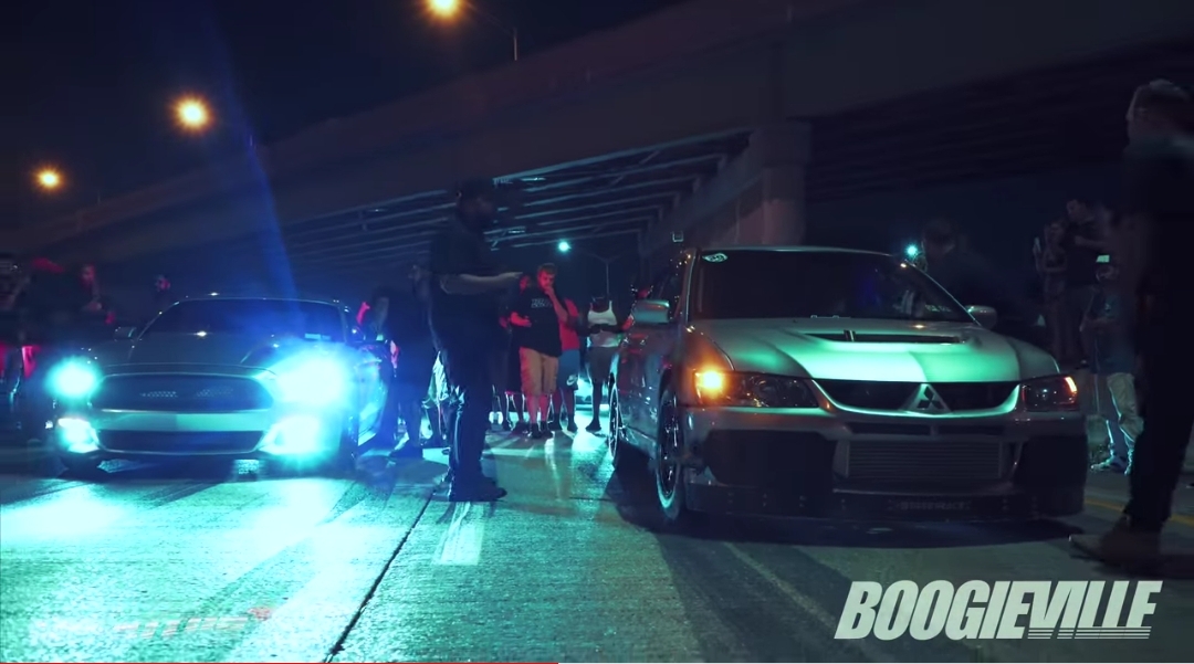 Built Lancer Evo vs Twin Turbo Coyote Mustang - Turbo and Stance