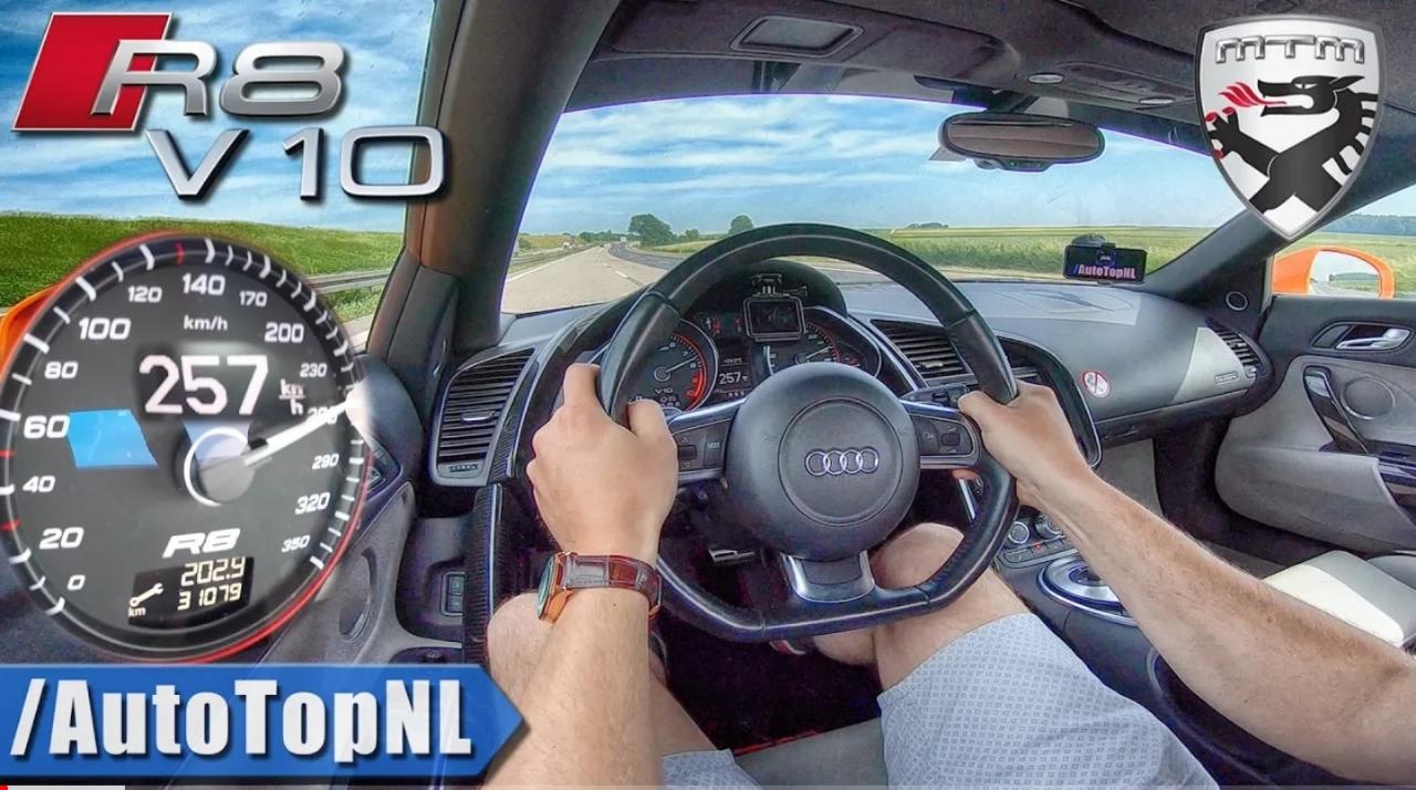 Audi R8 V10 Spyder MTM on Autobahn FULL THROTTLE - Turbo and Stance