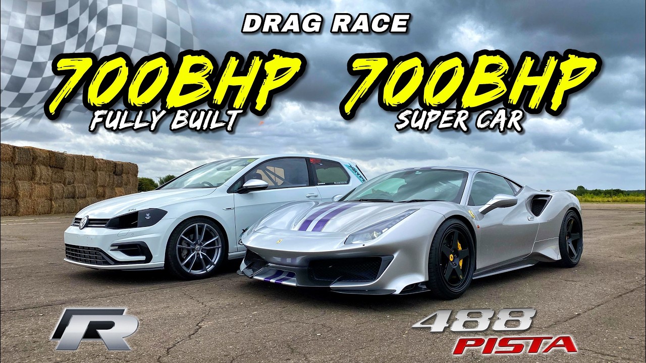 700BHP VW GOLF R vs 700BHP FERRARI 488 PISTA: DRAG RACE - Turbo and Stance
